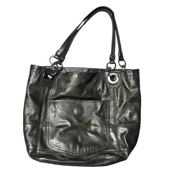 Coach | Bags | Coach Alex Bag Grey Logo Embossed Patent Leather Tote ...